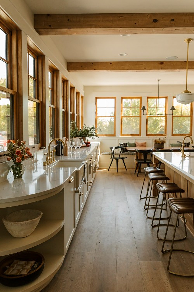 Sunlit Kitchen Full of Heart: A Red Stove and Cozy Details